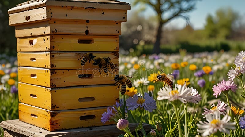 A Beehive with Bees Buzzing Around Fresh Spring Flowers Stock ...