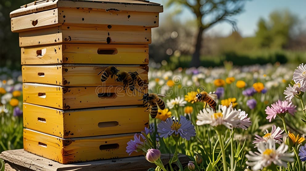A Beehive with Bees Buzzing Around Fresh Spring Flowers Stock ...