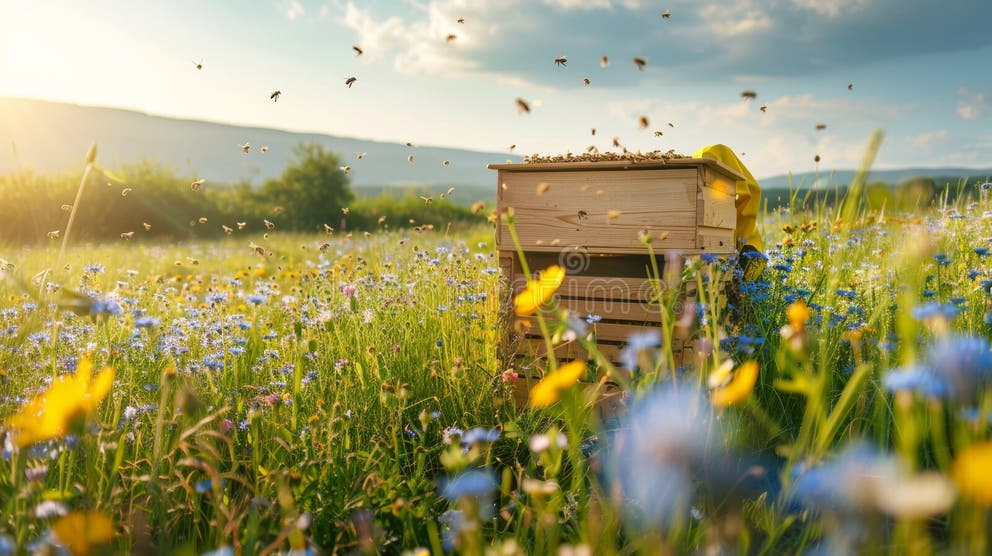 The Beehive in Blooming Meadow.AI Generated Image Stock Photo - Image ...