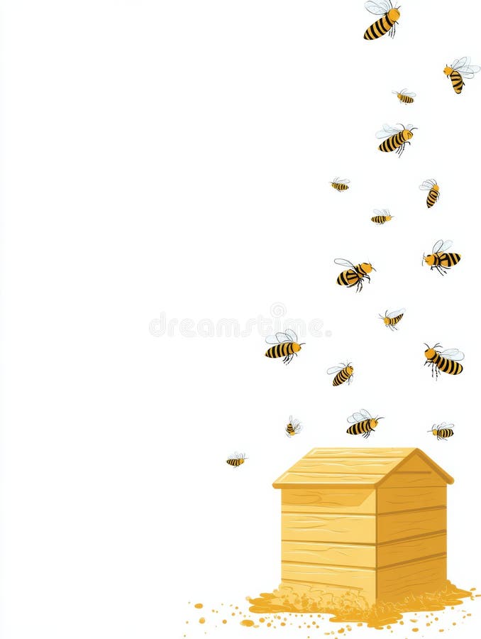 Beehive Box Illustration Showing Bees Flying in a Clear Sky with Ample ...