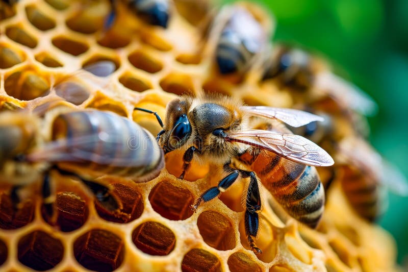 Beehive with Closeup of Two Bees One Worker Bee and One Queen Bee ...
