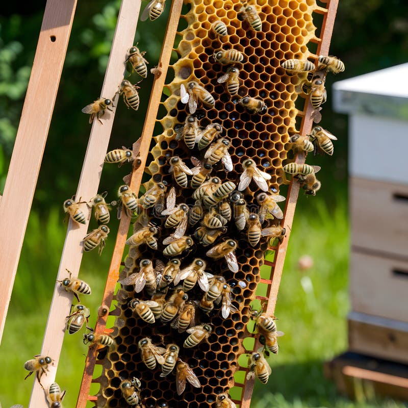 Beehive Frames Buzz with Activity As Bees Work on Honeycombs Stock ...