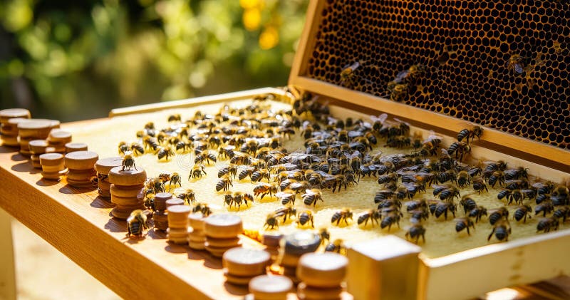 A Beehive Full of Bees on Top of a Wooden Table Stock Image - Image of ...