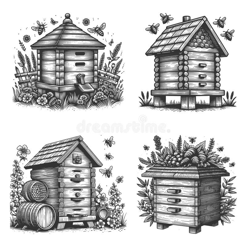 Beehive Engraving Set Vector Collection Stock Illustration ...