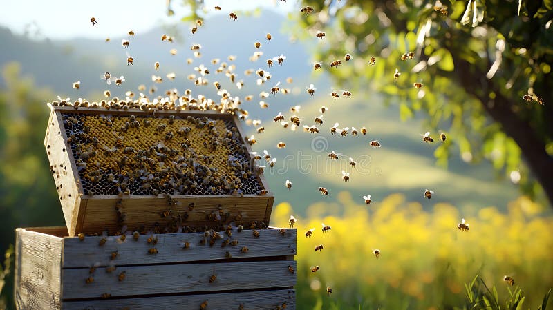 Beehive Surrounded by Bees in Sunny, Rustic Landscape Stock ...