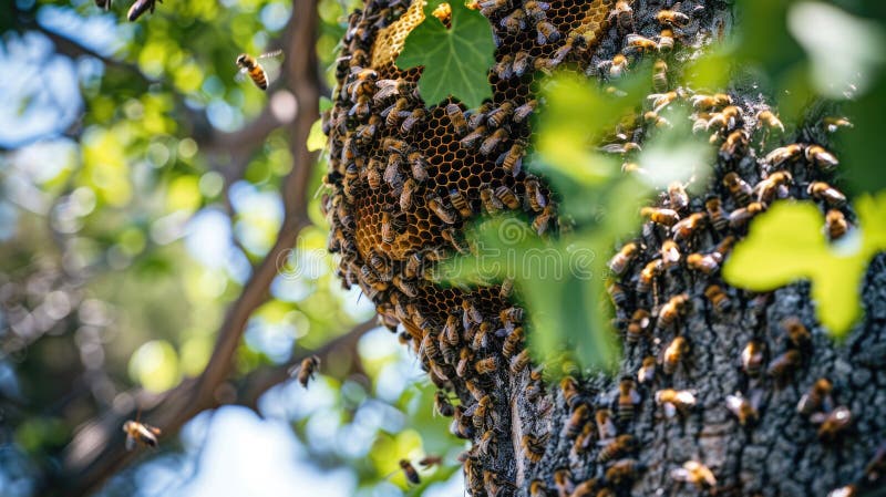 A Beehive on a Tree with Bees Flying Around, Promoting the Importance ...