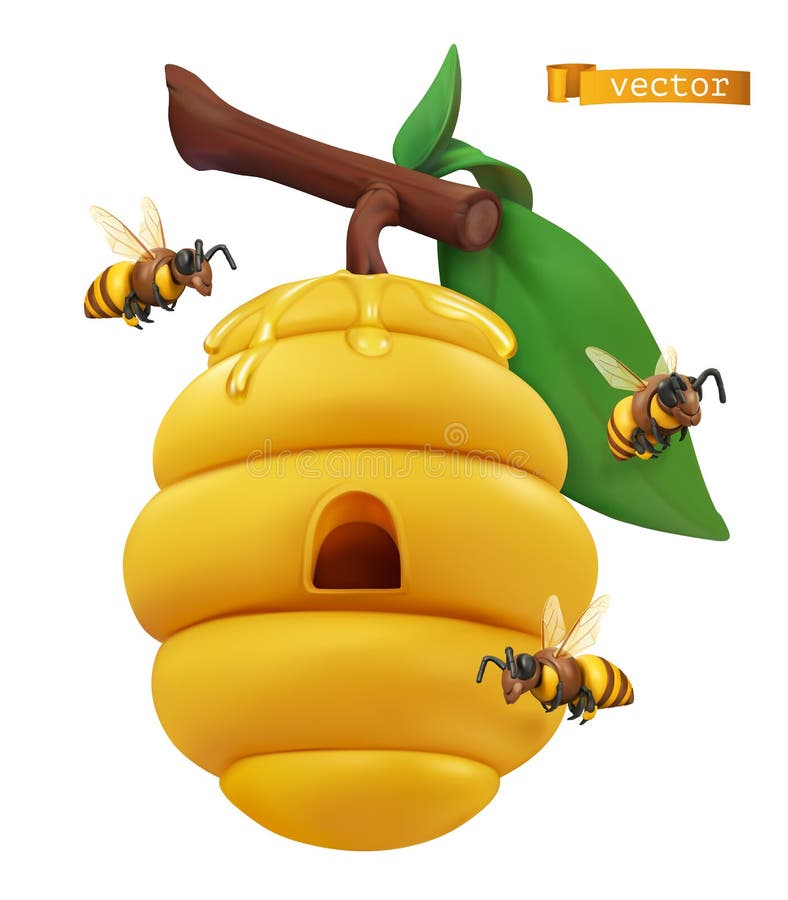 Beehive on Tree Branch and Honey Bees Stock Vector - Illustration of ...
