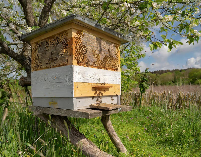 Beehive on a Tree Branch, Surrounded by Greenery Under a Blue Sky with ...