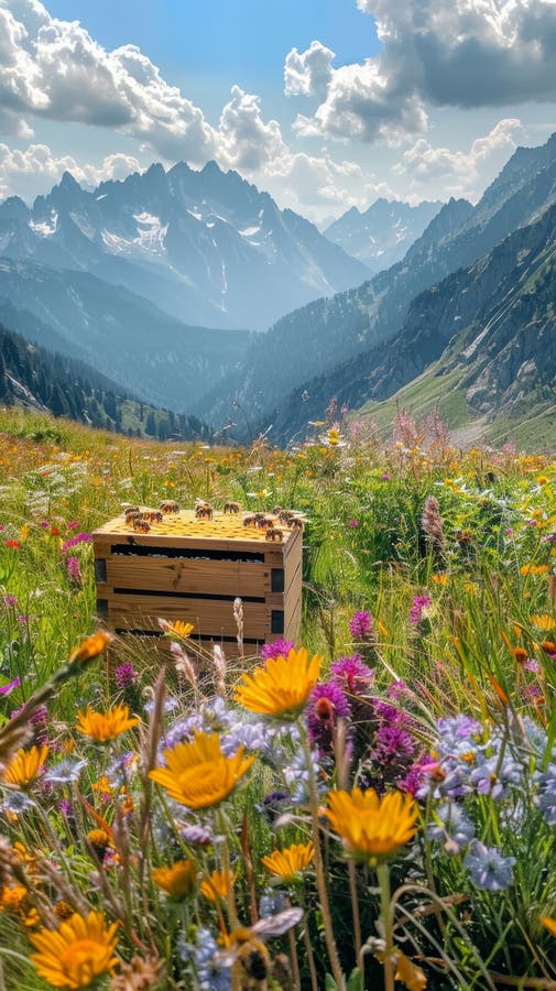Beehive in a Vibrant Alpine Meadow with Wildflowers and Mountain ...