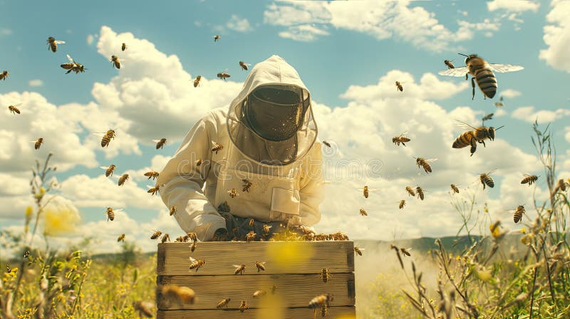 Beekeeper Amidst a Field of Buzzing Bees, Evoking the Tranquil Harmony ...