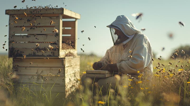 Beekeeper Amidst a Field of Buzzing Bees, Evoking the Tranquil Harmony ...