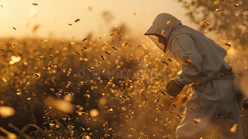 Beekeeper Amidst a Field of Buzzing Bees, Evoking the Tranquil Harmony ...
