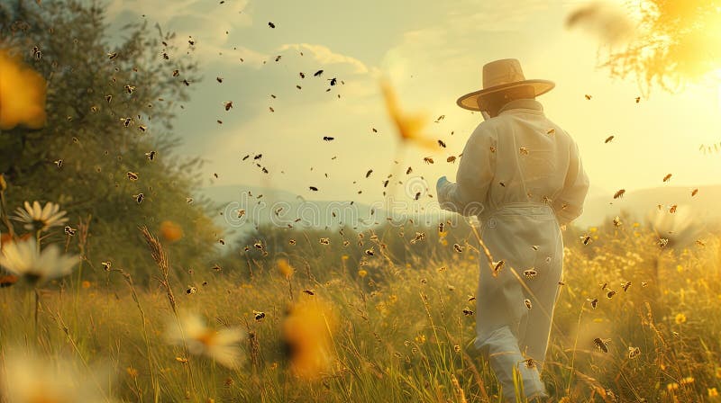 Beekeeper Amidst a Field of Buzzing Bees, Evoking the Tranquil Harmony ...