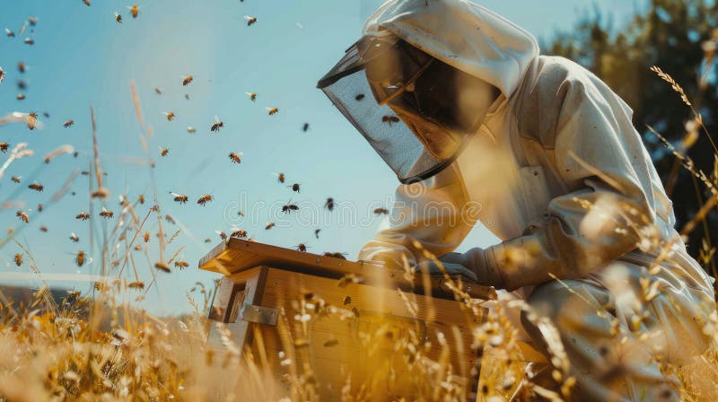 Beekeeper Amidst a Field of Buzzing Bees, Evoking the Tranquil Harmony ...