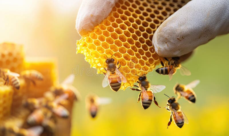 A Beekeeper Carefully Examines a Honeycomb Full of Buzzing Bees in the ...