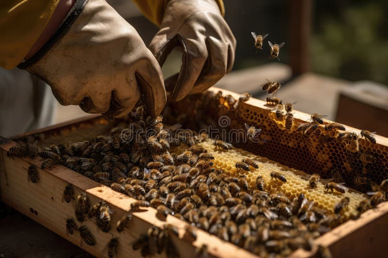 Beekeeper Delicately Transferring Bees into Portable Observation Hive ...