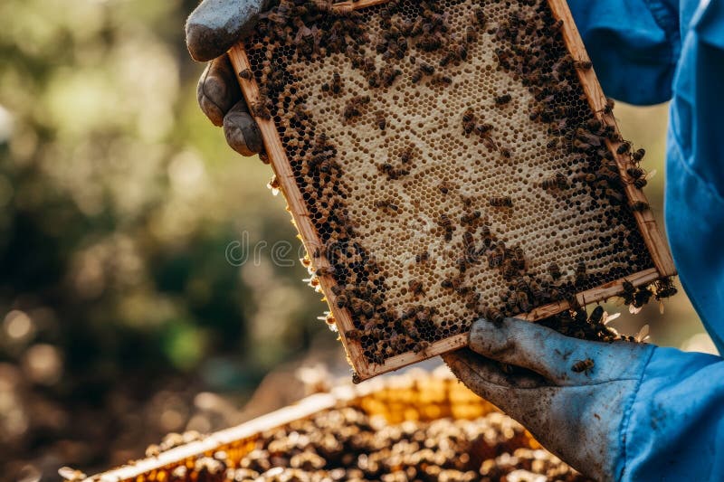 A Beekeeper Examines an Empty Hive Frame in the Afternoon Sunlight ...