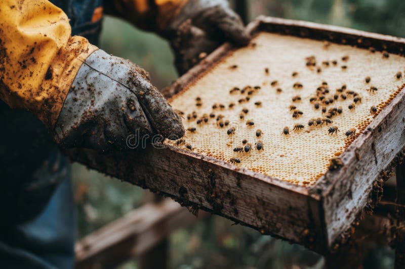 A Beekeeper Examines an Empty Hive Frame while Working in the Apiary ...