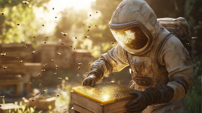 Beekeeper in Full Protective Suit Working in Apiary Stock Illustration ...
