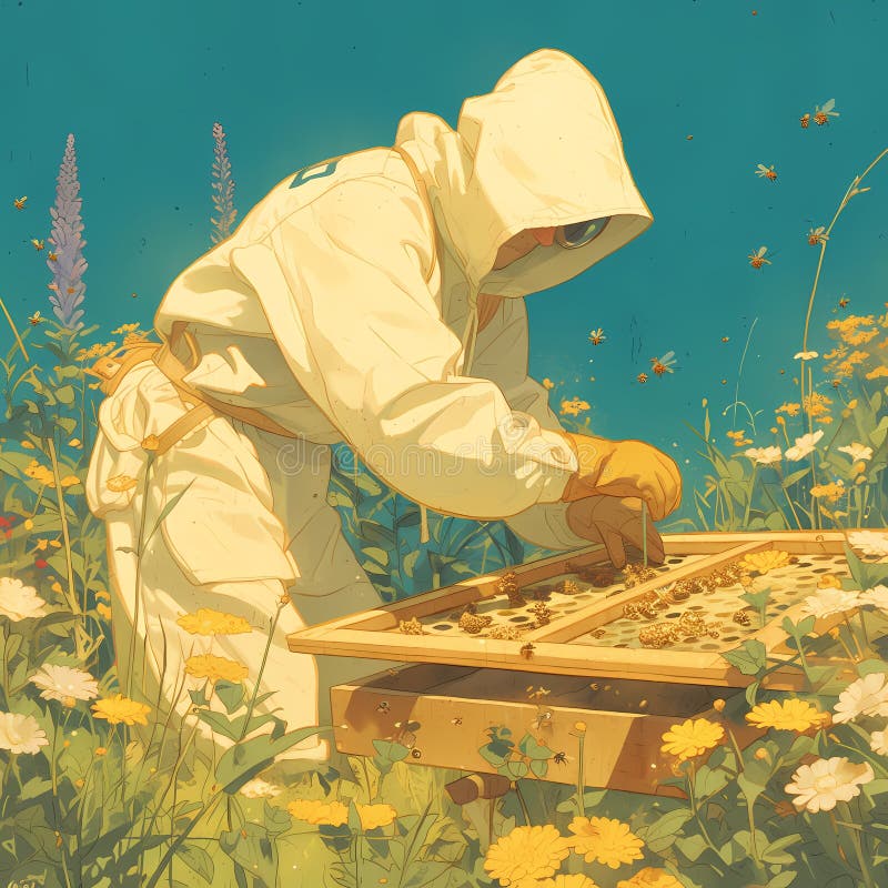 Beekeeper in Full Suit Tending To Hive in Field of Flowers. Stock ...