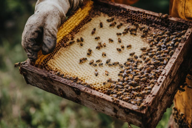 Beekeeper Holding an Empty Hive Frame while Inspecting Beehive in the ...