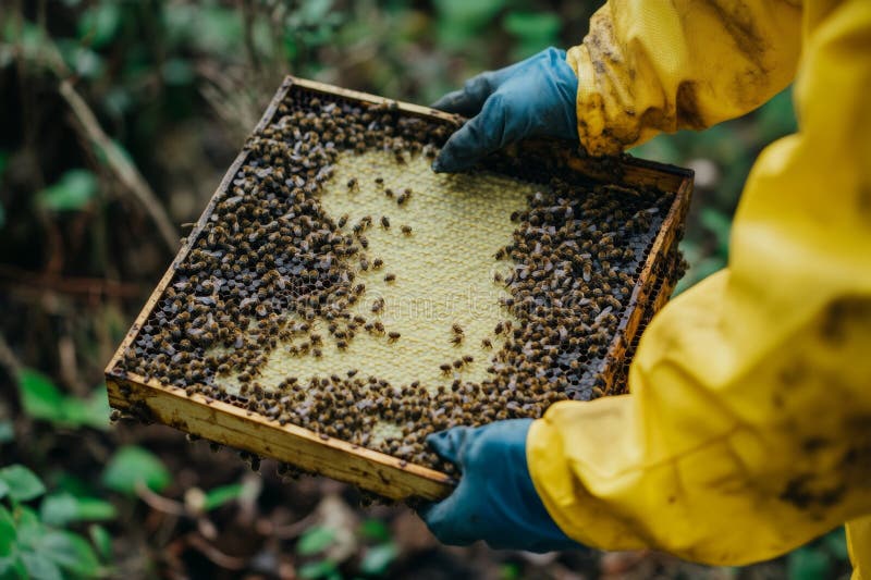 A Beekeeper S Hand Displays an Empty Hive Frame in a Lush Garden ...