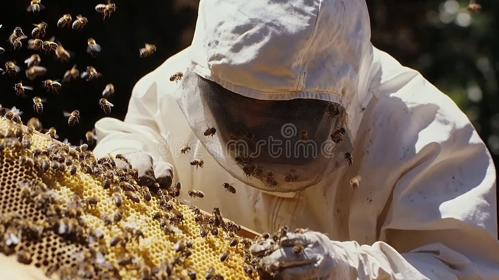 Beekeeper in Protective Suit Inspecting a Hive, Surrounded by Buzzing ...