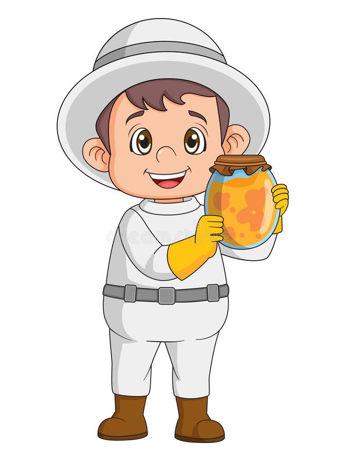 Beekeeper in Suit Hat at Beehive with a Big Jar of Honey Stock Vector ...