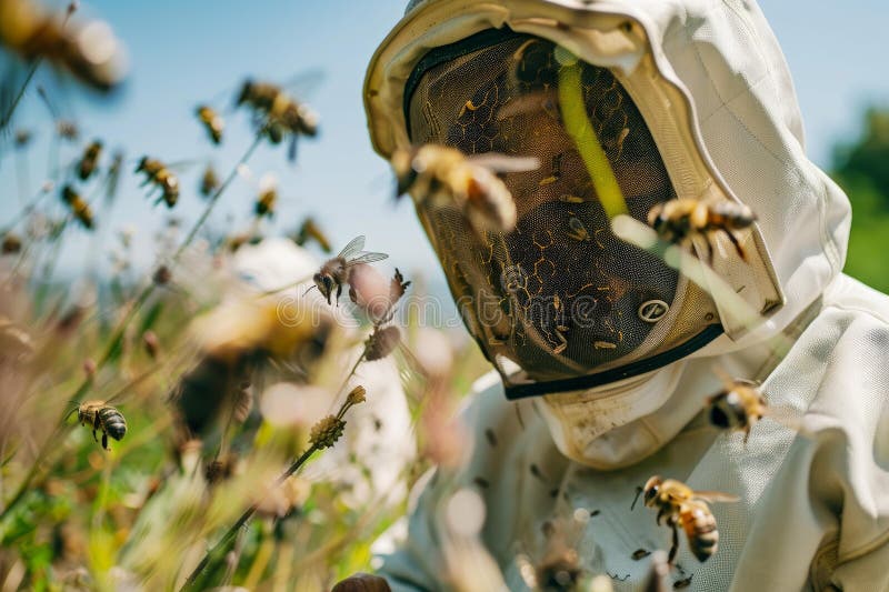 Beekeeper Wearing Protective Suit Working with Honey Bees in a Field ...