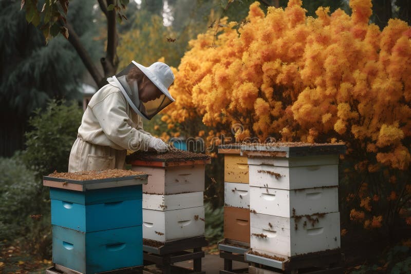Beekeeper is Working with Bees and Beehives on Apiary. Bees on ...