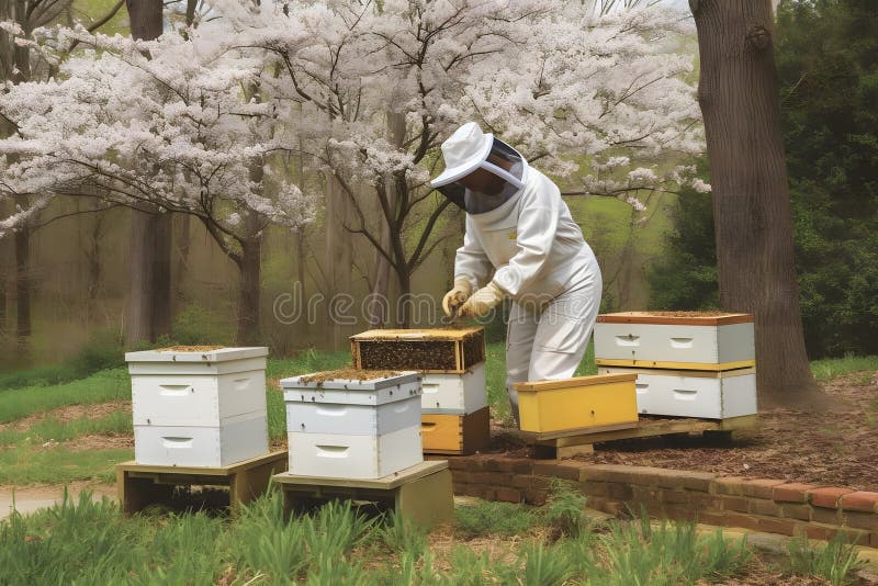 Beekeeper is Working with Bees and Beehives on Apiary. Bees on ...