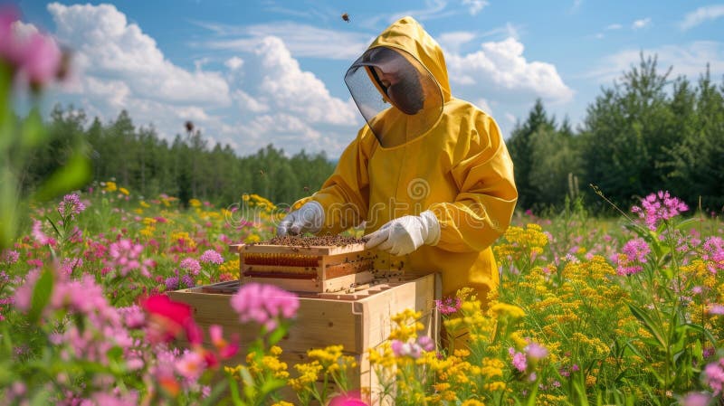 The Beekeeper in Flower Field.AI Generated Stock Image - Image of ...
