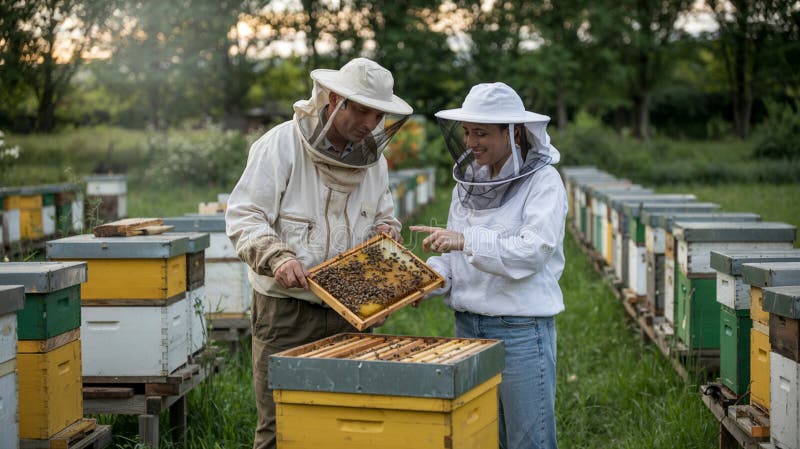 Beekeepers Inspecting Honeycombs in a Serene Apiary during Golden Hour ...