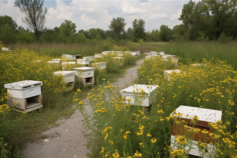 Beekeeping Apiary with Rows of Beehives Surrounded by Pollinator ...