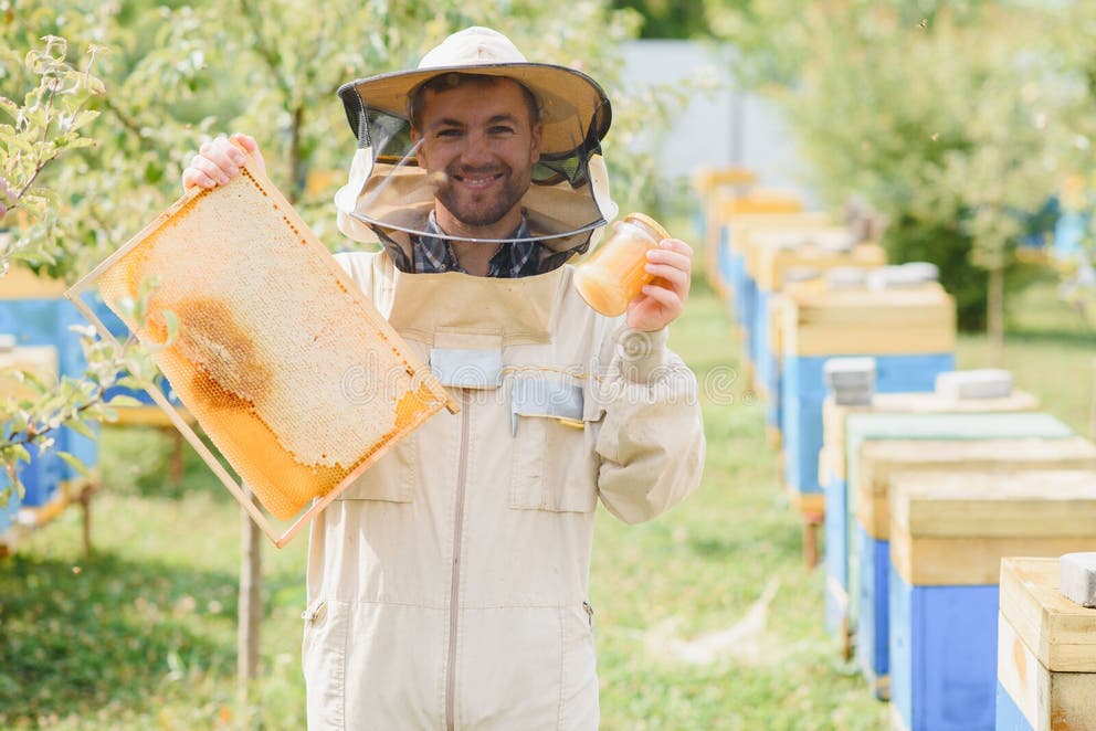 Beekeeping, Beekeeper at Work, Bees in Flight. Stock Photo - Image of ...