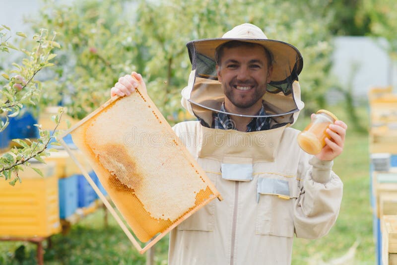 Beekeeping, Beekeeper at Work, Bees in Flight. Stock Image - Image of ...