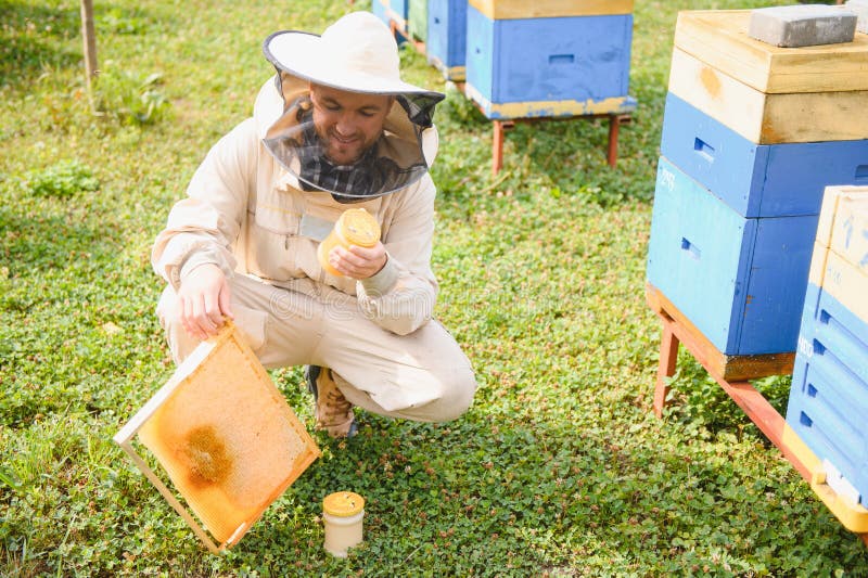 Beekeeping, Beekeeper at Work, Bees in Flight. Stock Image - Image of ...