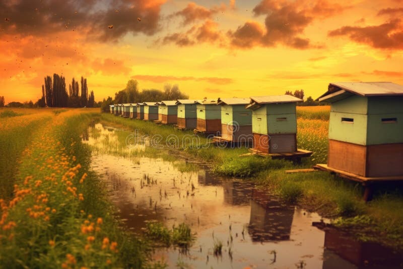 Beekeeping Farm Landscape with Rows of Hives Stock Illustration ...