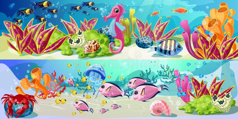 Beeldverhaal Marine Underwater Life Horizontal Banners Vector ...