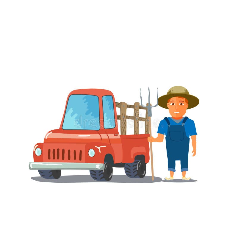 Beeldverhaallandbouwer Character Met Rode Pick-up Vector Vector ...