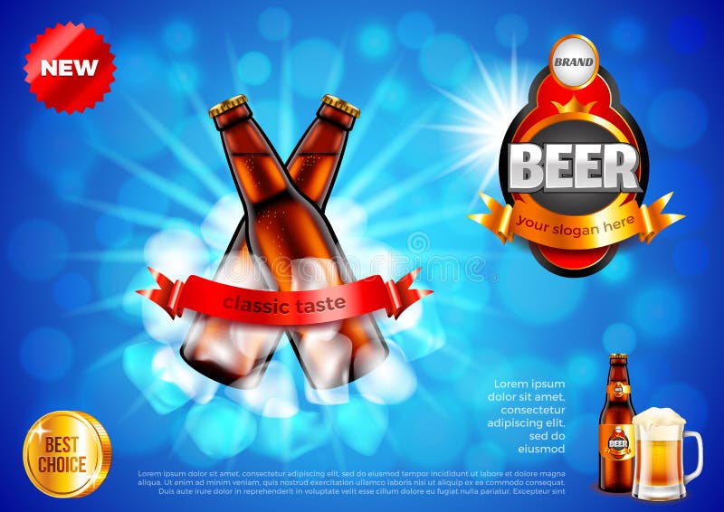 Beer Ads. Two Bottles with Ice Cubes on Blue Vector Background Stock ...