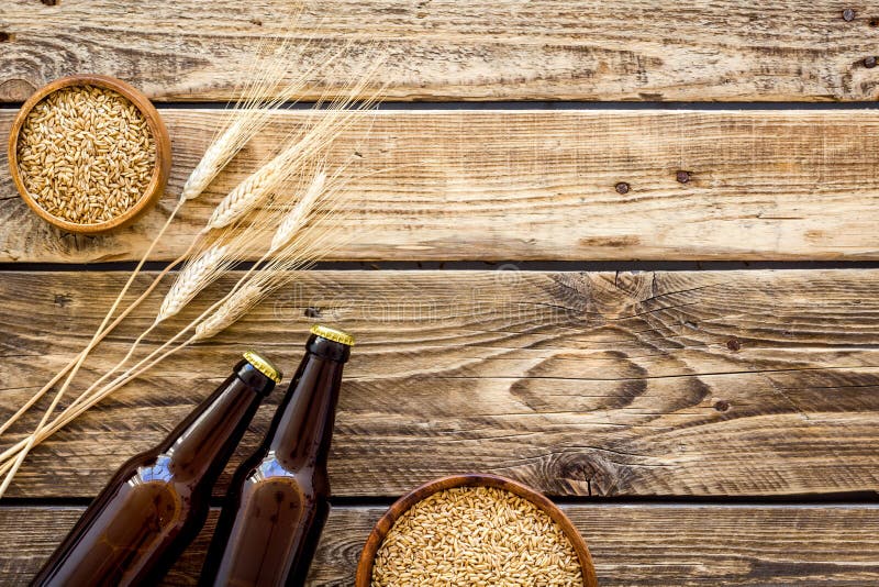 Beer Background with Barley on Rustic Wooden Background Top View Copy ...