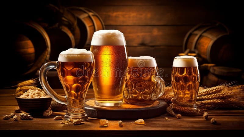 Beer Barrel with Beer Glasses on Table. Generative AI Stock Photo ...