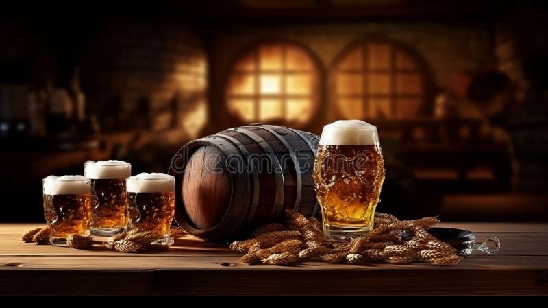 Beer Barrel with Beer Glasses on Table. Generative AI Stock ...
