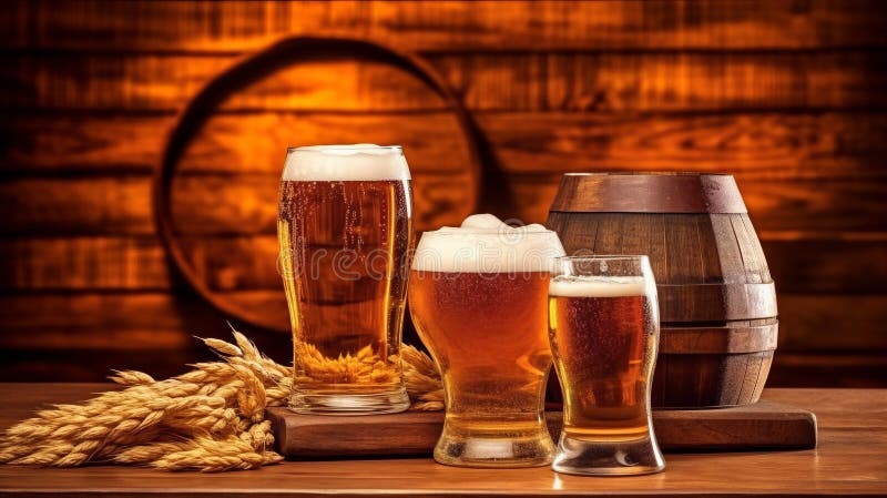 Beer Barrel with Beer Glasses on Table. Generative AI Stock ...