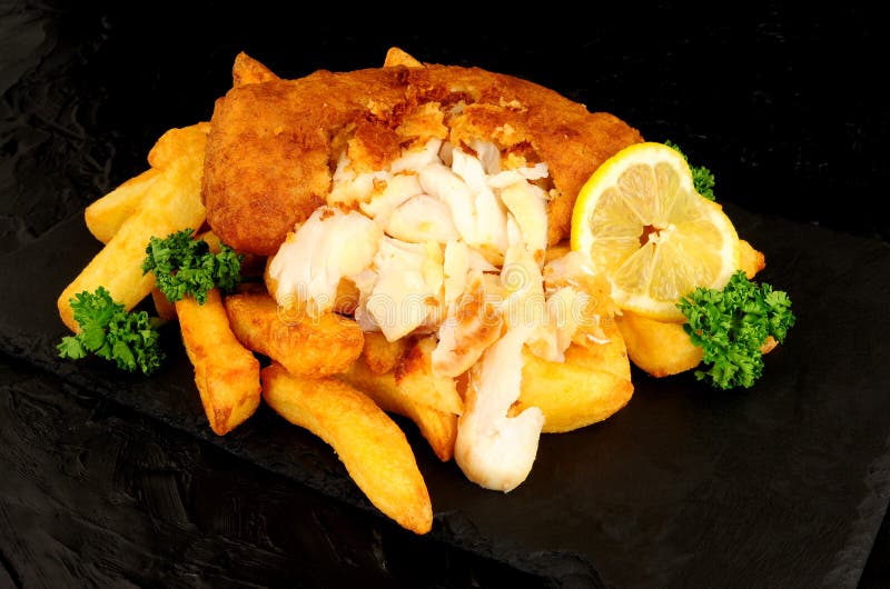 Beer Battered Cod with Chunky Chips Stock Photo - Image of coated ...