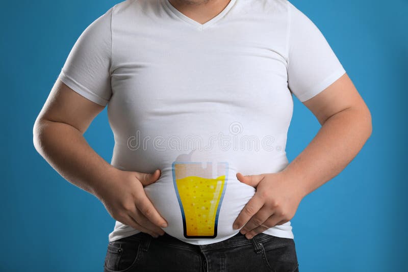 Beer Belly Problem. Overweight Man on Blue Background, Closeup Stock ...