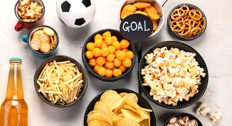 Beer Bootles, Snacks and Ball on Table Stock Photo - Image of play ...