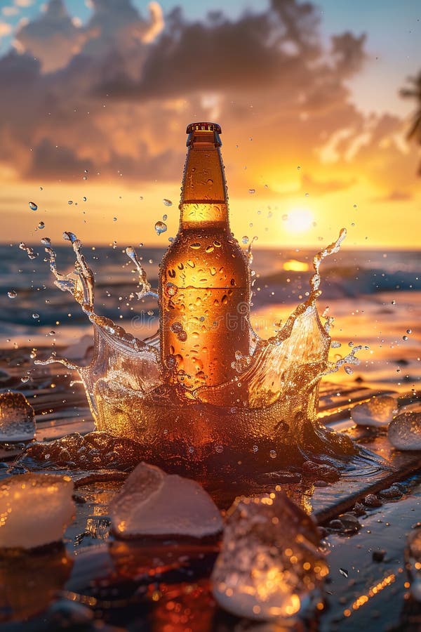 Beer Bottle at the Beach Splashed by the Ocean Waves at Sunset. Ai ...