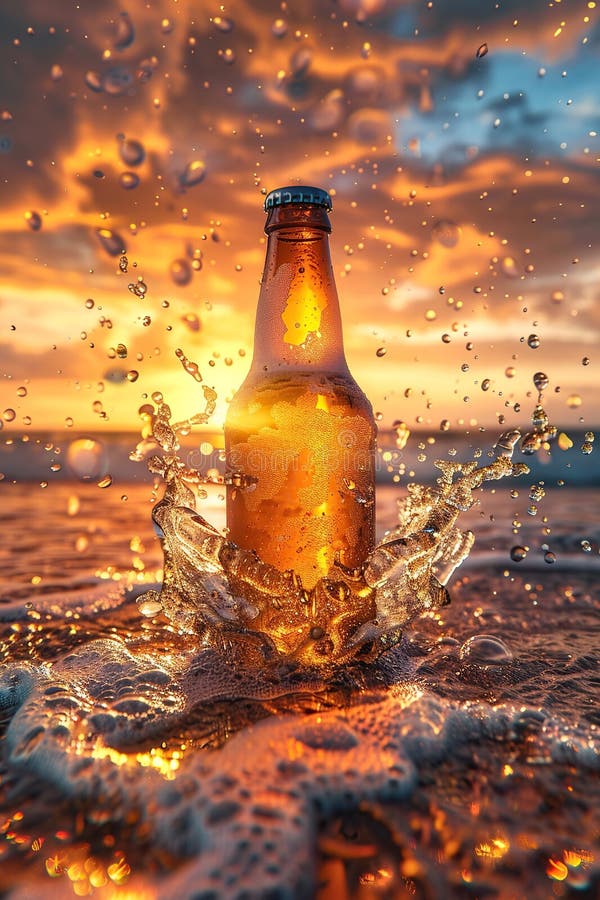 Beer Bottle at the Beach Splashed by the Ocean Waves at Sunset. Ai ...